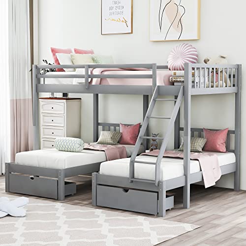 BOVZA Full Over Twin & Twin Bunk Bed, Wood Triple Bunk Bed with Drawers and Guardrails for 3 Kids Girls Boys Teens, Gray