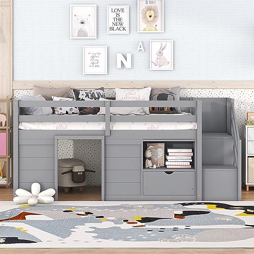 Lakifun Twin Size Low loft Bed,Loft Bed with Storage,Modern Farmhouse Twin loft Bed for Kids,Wood Twin Low Loft Bed with Game House and Drawers, Bookshelf Staircase,Gray