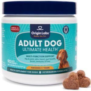 origin labs adult dog multifunction support, omega 3 supplement, gut health probiotics, immune support, heart, skin, liver, brain, joint health, glucosamine chondroitin, bacon flavor, 90 soft chews