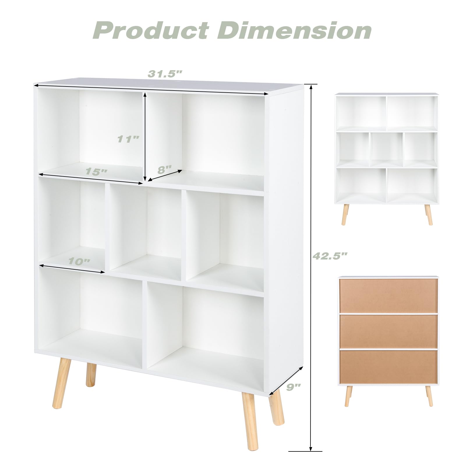 7 Cube White Bookshelf, 3 Tier Book Shelf with Legs Minimalist Bookcase Free Standing Display Cabinet Rack for Living Room, Office, Bedroom, Study Room (Contains Anti-Tipping Parts)