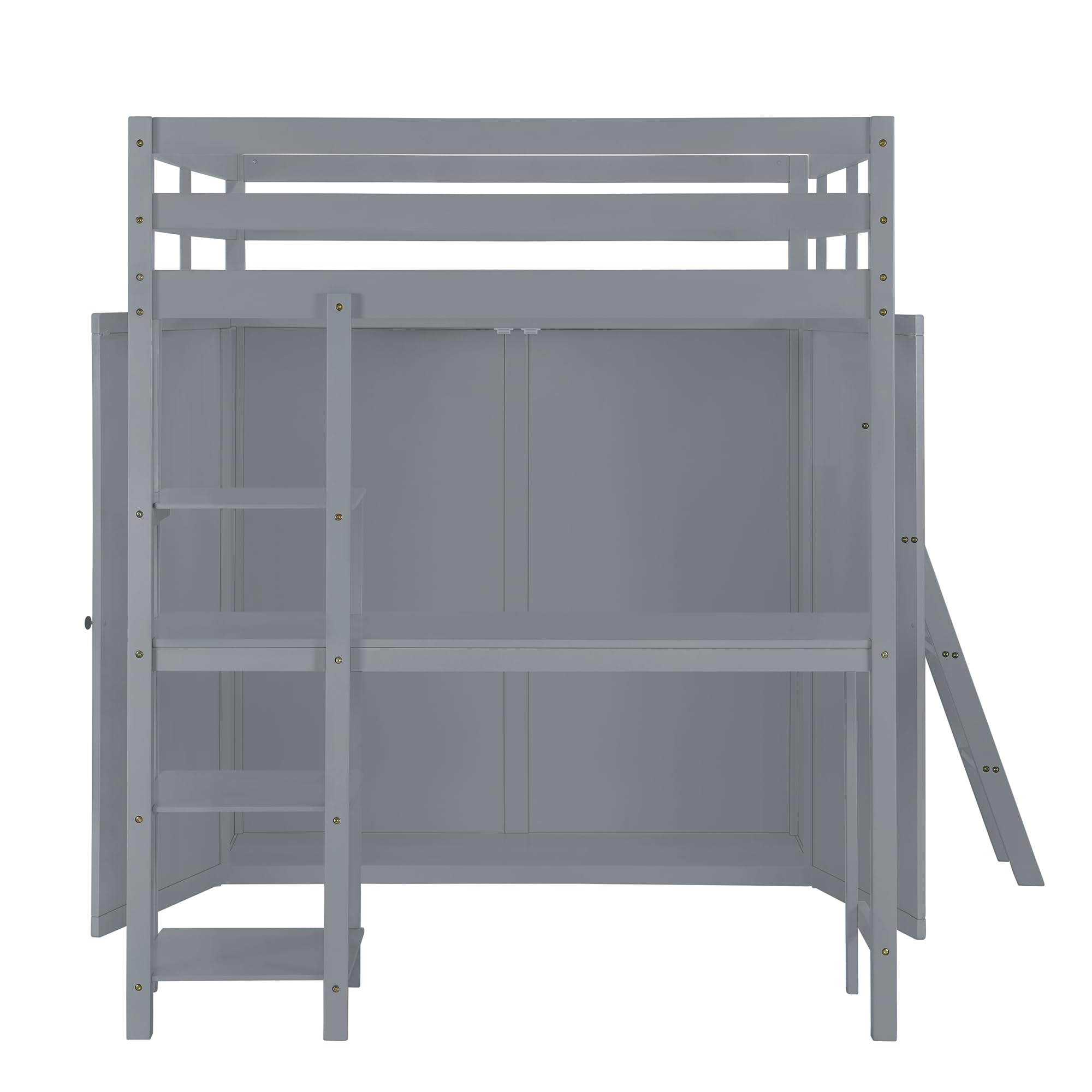 LostCat Full Size Loft Bed with Desk, Loft Bed with Wardrobes and Desk, Solid Wood Loft Bed Frame with Storage and Ladder for Teens Adults Girls Boys, No Box Spring Needed, Grey