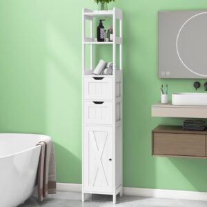 bathroom cabinet, bathroom storage cabinet rack stand, freestanding narrow tall cabinet with door and adjustable shelf, multifunctional bathroom floor cabinet with 2 drawers (white)