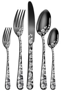 xiaoyu 5 pieces silverware set, black flatware set, stainless steel mirror polished cutlery set, spoons forks knives set with unique floral laser, black