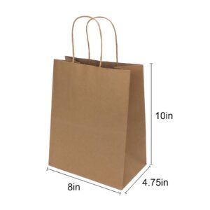 100 Pack 8x4.75x10 Inch Medium Brown Paper Bags with Handles Bulk, Joybe Kraft Paper Gift Bags for Birthday Party Favors Grocery Retail Shopping Business Goody Craft Blank Sacks (Plain Natural 100pcs)