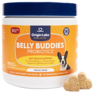 origin labs belly buddies probiotics for dogs, 5 billion cfus prebiotics & probiotics for gut health, 7 strain probiotic blend, immune support, for all dogs, bacon flavor, 90 soft chews