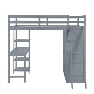 LostCat Full Size Loft Bed with Desk, Loft Bed with Wardrobes and Desk, Solid Wood Loft Bed Frame with Storage and Ladder for Teens Adults Girls Boys, No Box Spring Needed, Grey