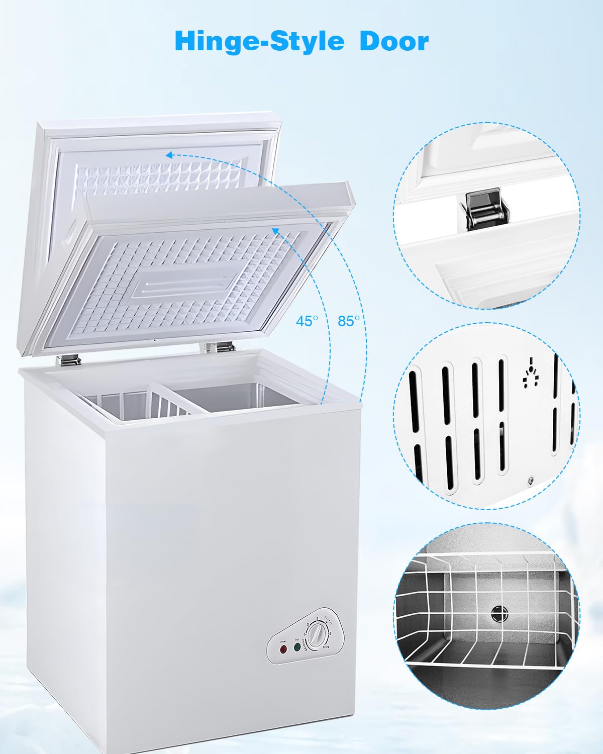 Kazigak Compact Chest Freezer, 3.5 Cu.Ft. Deep Freezer with Basket, 6 Level Adjustable Temperature, Top Door Mini Freezer White