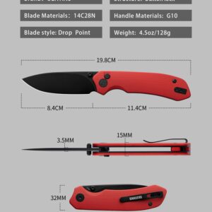 OLITANS G032 Button Lock Pocket Knife, 3.3" 14C28N Blade, folding Knife with Thumb Stud Opener for EDC 4.5oz (G10 Red+Black Blade)