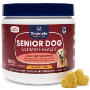 origin labs senior dog multifunction support omega 3 supplement, gut health probiotics, heart, skin, liver & joint health, immune support, glucosamine chondroitin, beef liver flavor, 90 soft chews