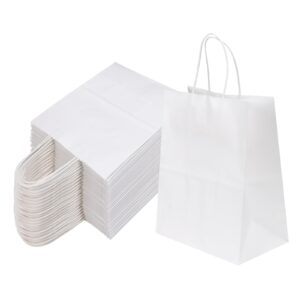 joybe 100 pack 8x4.75x10 inch medium white kraft paper bags with handles bulk, craft paper gift bags for party favors grocery retail shopping business goody merchandise take out blank sacks (100pcs)