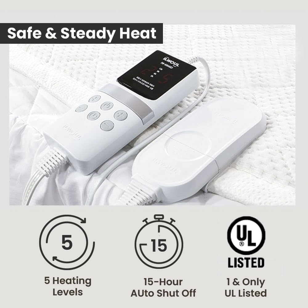 ILWOUL Heated Mattress Pad, Machine Washable, Auto 15 Hours Shut Off, 5 Heating Setting, Radiation Blocking, Tencel Material, Bed Warmer with Single Controller, UL Listed (Single)