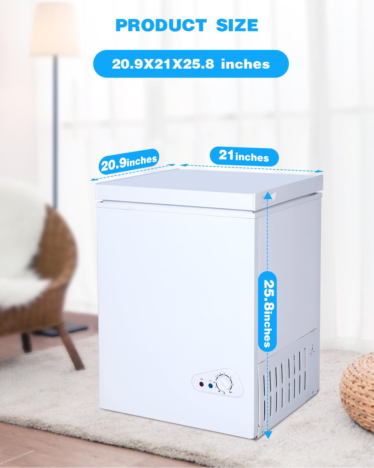 Kazigak Compact Chest Freezer, 3.5 Cu.Ft. Deep Freezer with Basket, 6 Level Adjustable Temperature, Top Door Mini Freezer White