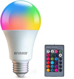 afinsea rgb color changing light bulbs,rgb led light bulbs,9w warm white 6500k,40w equivalent,16 color multicolor a19 e27/e26 dimmable memory function, for home decoration,stage,bar,party