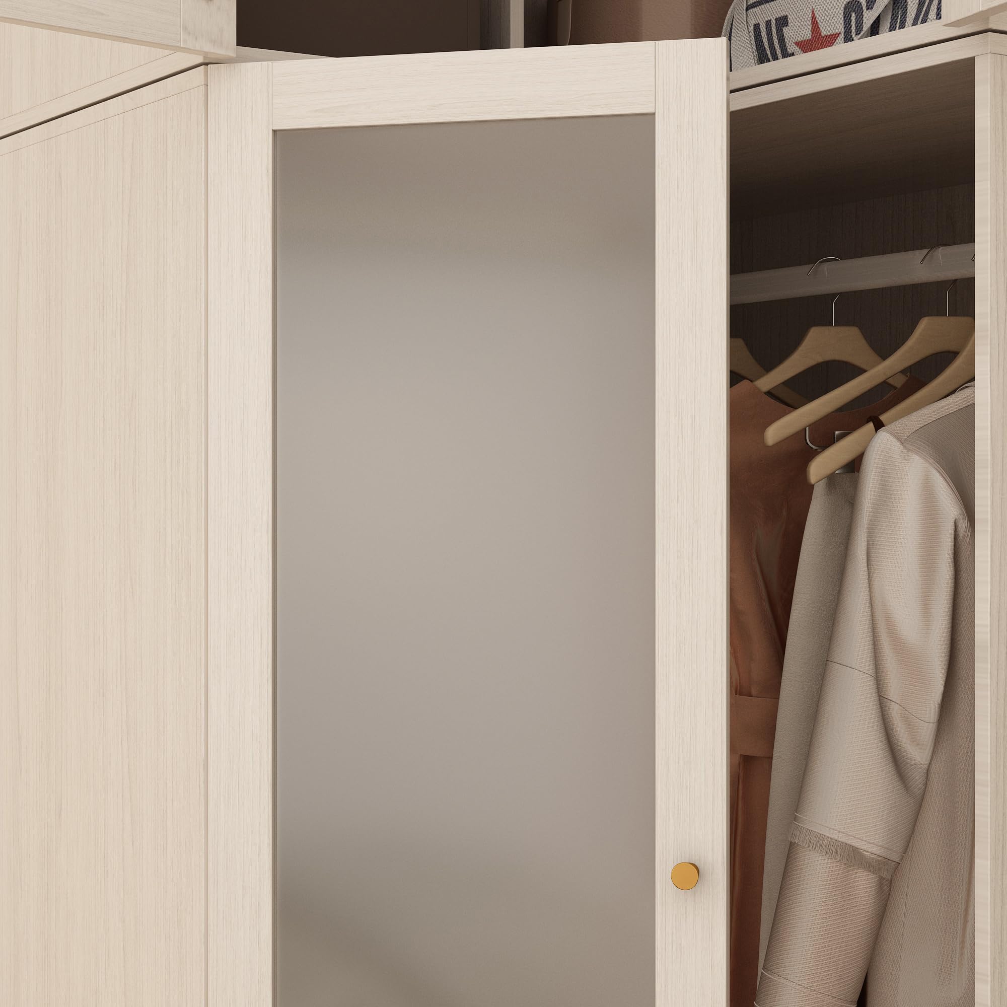 Homsee L-Shape Armoire Wardrobe Closet with Frosted Glass Doors, Hanging Bar & Shelves, Wooden Closet Storage Cabinet with Top Cabinet for Bedroom, Warm Grey (35.4”L x 35.4”W x 86.6”H)