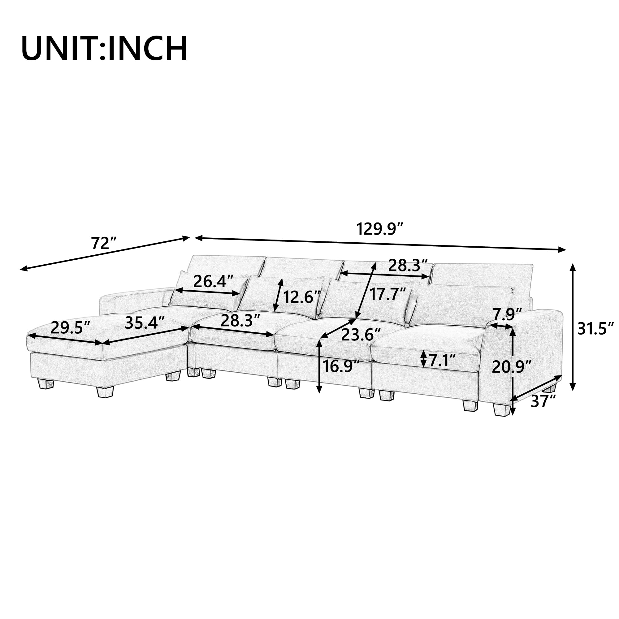 VASOENY 129.90 X 72'' Modular Sectional Sofa, Linen Fabirc Convertible L Shaped Couch, 4 Seat Modern Corner Sofa Couch with 4 Pillow and Reversible Chaise, for Living Room, Office