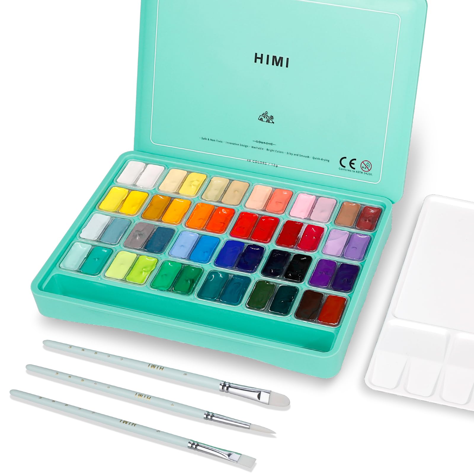 HIMI Twin Cup Jelly Gouache Paint Set, 48 Colors x 12ml/0.4oz with 3 Brushes & a Palette, Non-Toxic, Jelly Guache Paint for Canvas and Watercolor Paper - Perfect for Beginners, Students, Artists