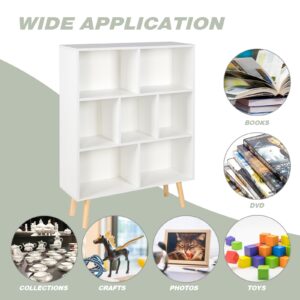 7 Cube White Bookshelf, 3 Tier Book Shelf with Legs Minimalist Bookcase Free Standing Display Cabinet Rack for Living Room, Office, Bedroom, Study Room (Contains Anti-Tipping Parts)