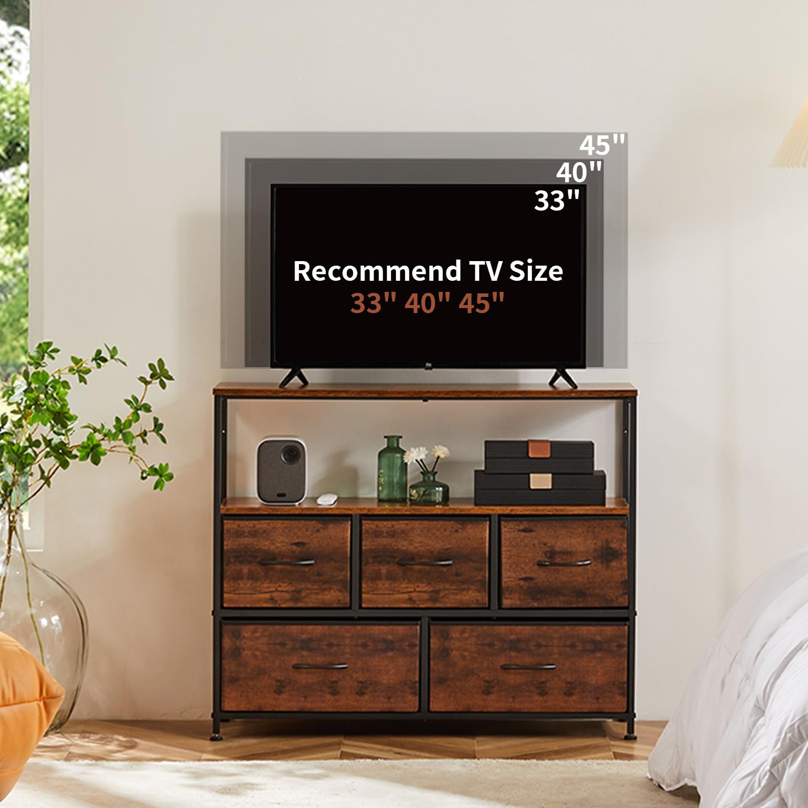 NEWBULIG TV Stand Entertainment Center with 5 Fabric Drawer for Bedroom 30 inch Tall Dresser with Open Display Storage Shelf Media Console Closet Metal Shelf Storage for Living Room Space Saving