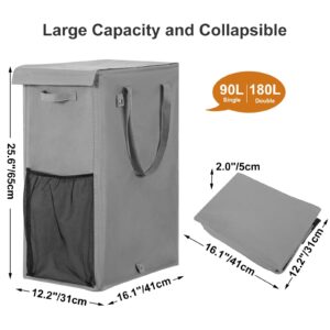 WOWLIVE 2-Pack Laundry Hamper with Lid,Double Tall Laundry Basket with Extended Handles (90L) Set of 2 Dirty Clothes Hamper Collapsible Laundry Organizer for Dorm Room (Grey)