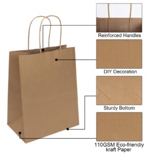 100 Pack 8x4.75x10 Inch Medium Brown Paper Bags with Handles Bulk, Joybe Kraft Paper Gift Bags for Birthday Party Favors Grocery Retail Shopping Business Goody Craft Blank Sacks (Plain Natural 100pcs)