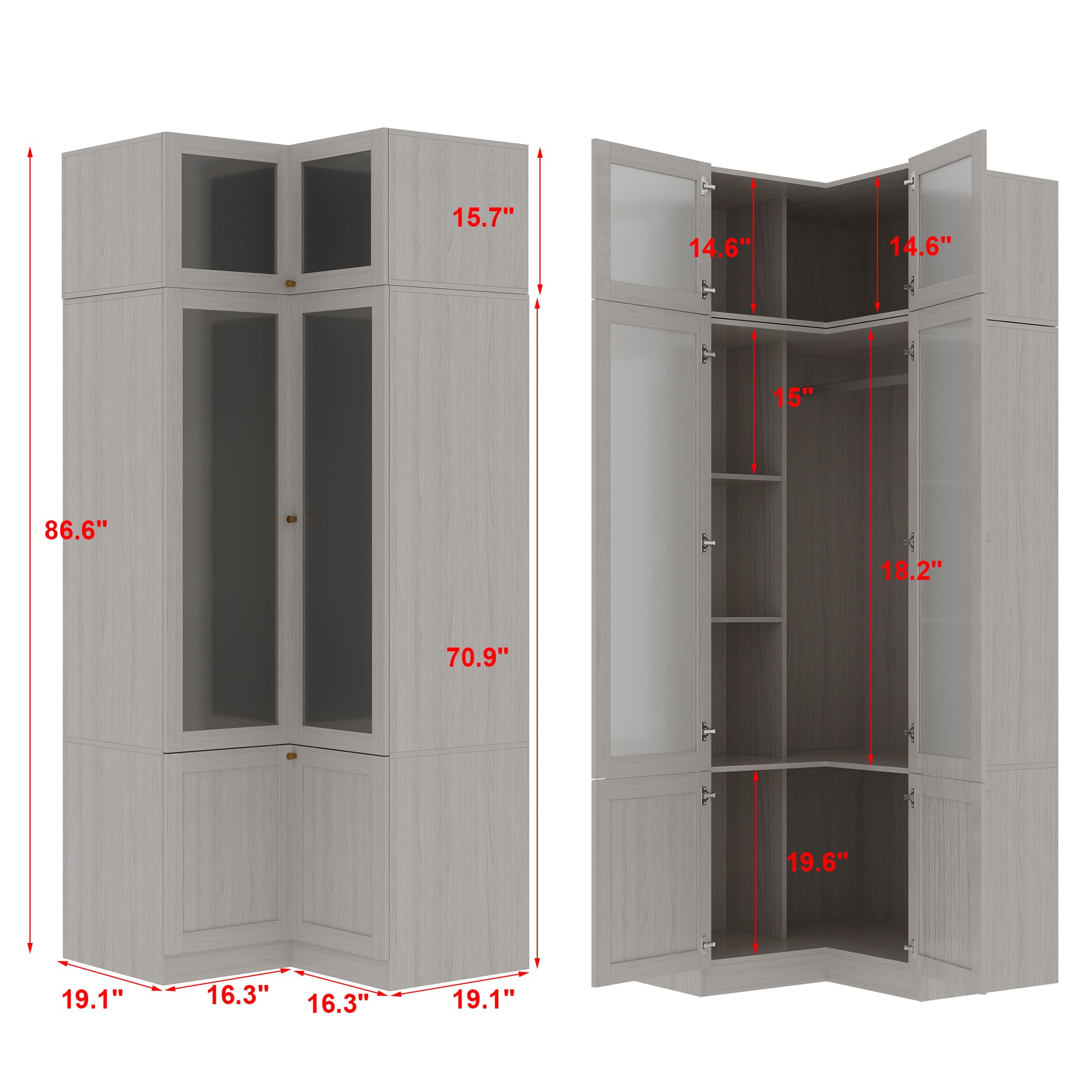 Homsee L-Shape Armoire Wardrobe Closet with Frosted Glass Doors, Hanging Bar & Shelves, Wooden Closet Storage Cabinet with Top Cabinet for Bedroom, Warm Grey (35.4”L x 35.4”W x 86.6”H)