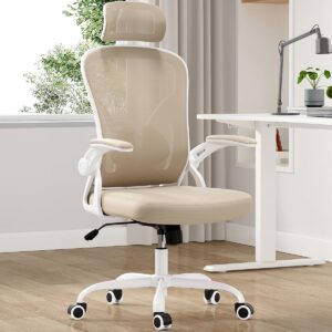 farini ergonomic office chair, home office desk chair with headrest, high back computer chair with flip-up armrests and adjustable lumbar support for home office study bedroom, khaki.