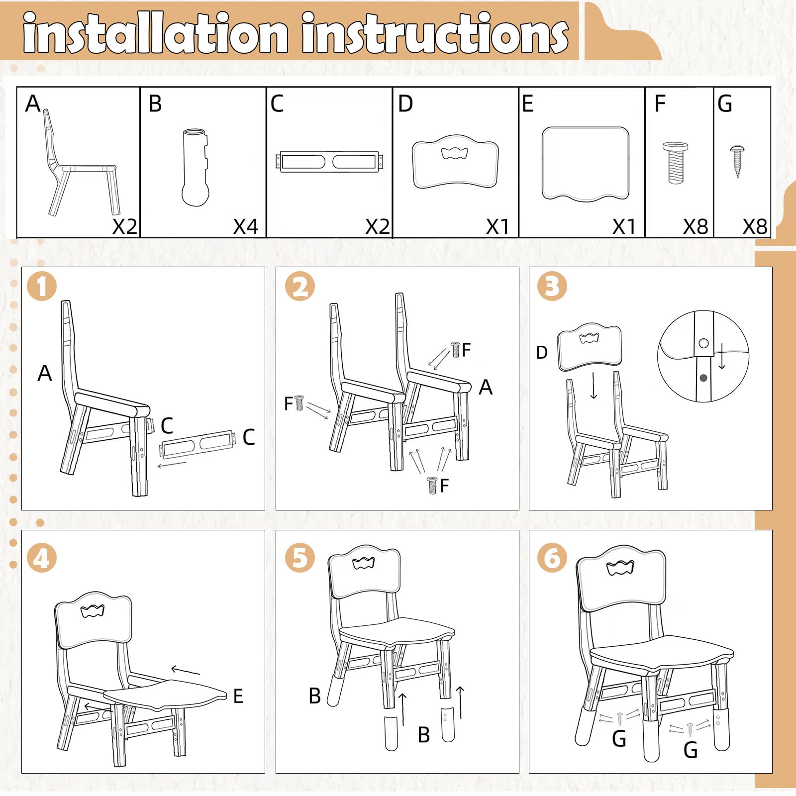 Kigley 6 Pack Height Adjustable Kids Chair Adjustable Table Chair Kid Chairs Age 2-6 Adjustable Height Toddler Seat Child Table Chair for Children Student School Family Daycare (Wood Color)