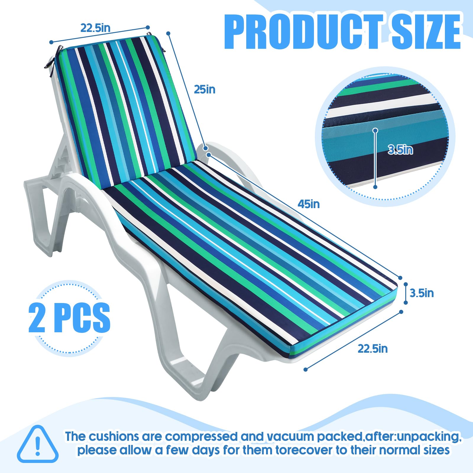 Menkxi 2 Pack Outdoor Stripe Chaise Lounge Cushion with Ties, Reversible Patio Cushion, Solid Back Lawn Furniture Cushions, Pool Lounge Chair Cushions, 70.87'' x 19.69'' x 3.54'' (Classic Color)