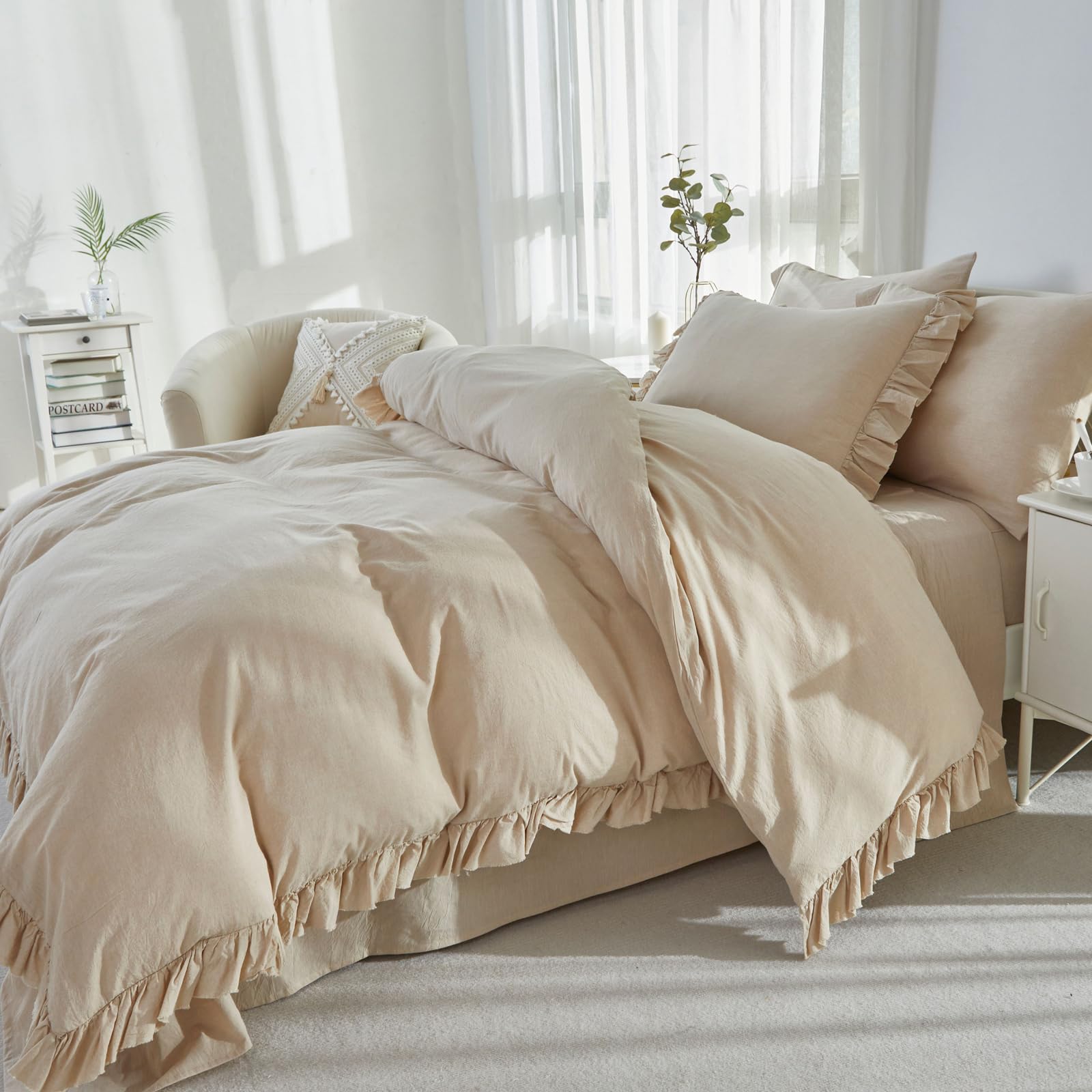 Brandream Duvet Cover Set Twin/Twin XL Size Linen Feel Textured Organic Natural 100% Washed Cotton Duvet Cover Beige 2 Pieces Bedding Set Fringe Ruffle with Zipper Closure (No Comforter)