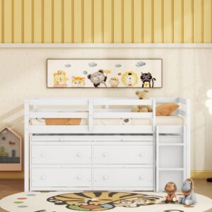 kids twin low loft bed with storage, twin size loft bed with portable desk and 4 drawers, wood twin loft bed with shelves, modern farmhouse junior loft bed for kids boys girls, white