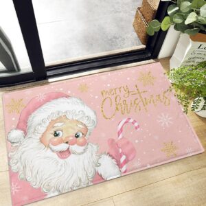 Christmas Pink Santa Claus Floor Door Mats Shag Carpet,Xmas Gold Foil Snowflake Non Slip Super Soft Bath Rugs,Winter Snow Shaggy Fuzzy Area Rug for Kitchen/Bathroom/Bedroom/Living Room Decor 16x24in