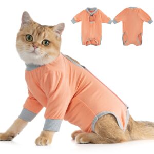 avont cat recovery suit - kitten onesie with front sleeves for after surgery, female spay surgical abdominal wound skin diseases e-collar alternative wear -coral(s)