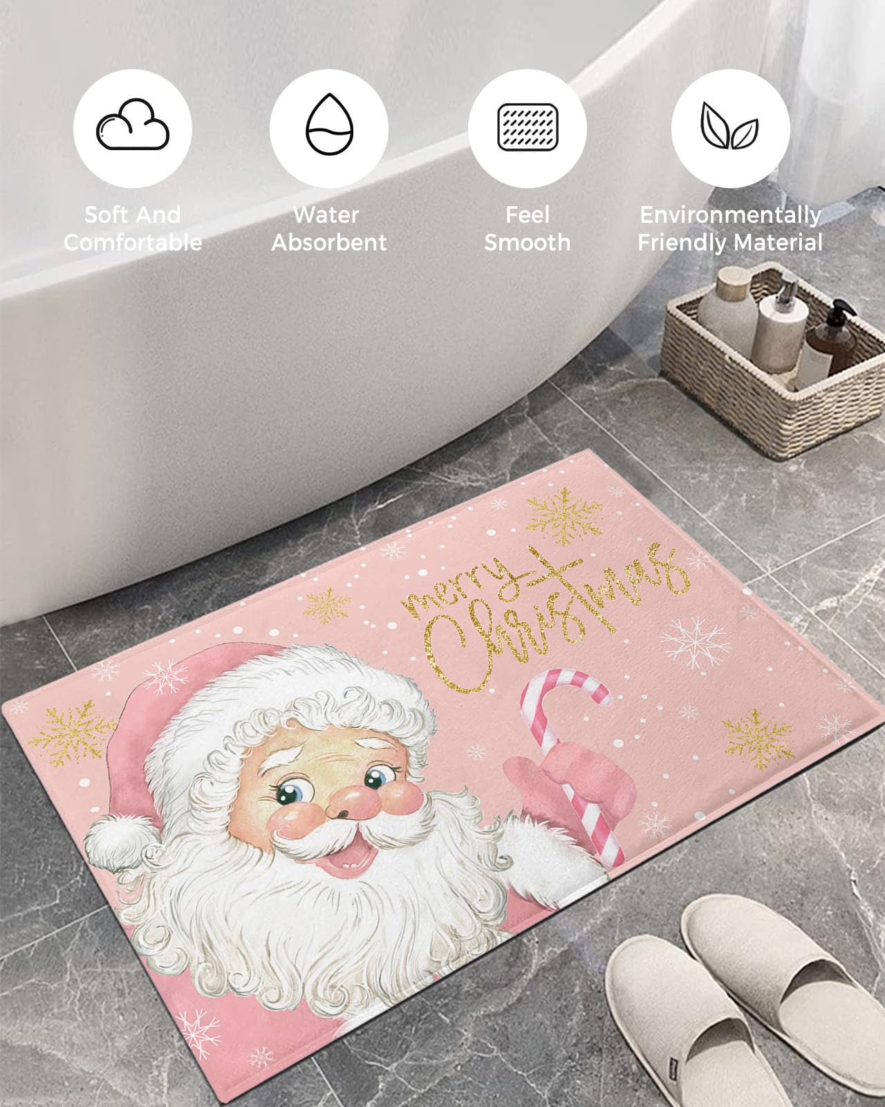 Christmas Pink Santa Claus Floor Door Mats Shag Carpet,Xmas Gold Foil Snowflake Non Slip Super Soft Bath Rugs,Winter Snow Shaggy Fuzzy Area Rug for Kitchen/Bathroom/Bedroom/Living Room Decor 16x24in