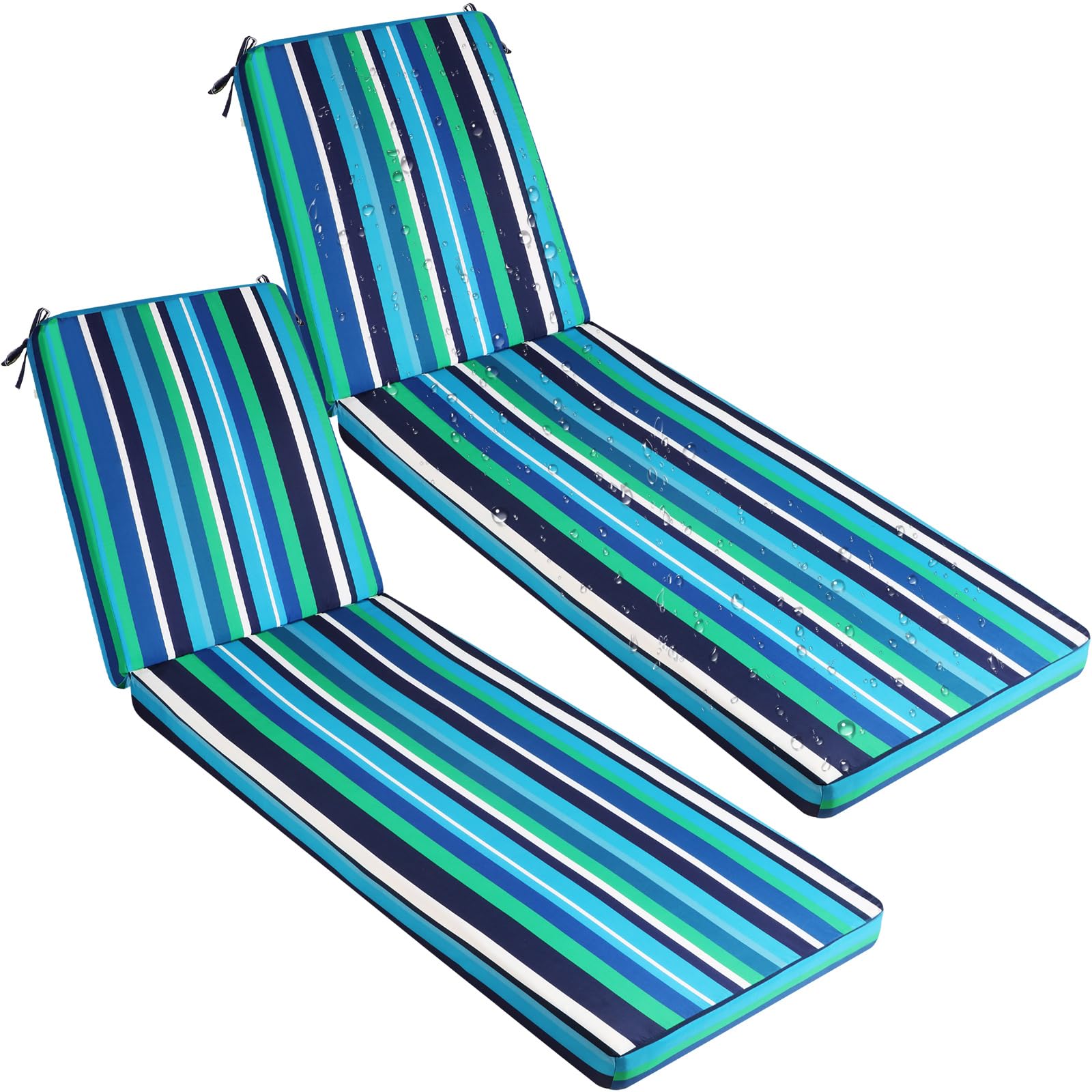 Menkxi 2 Pack Outdoor Stripe Chaise Lounge Cushion with Ties, Reversible Patio Cushion, Solid Back Lawn Furniture Cushions, Pool Lounge Chair Cushions, 70.87'' x 19.69'' x 3.54'' (Classic Color)