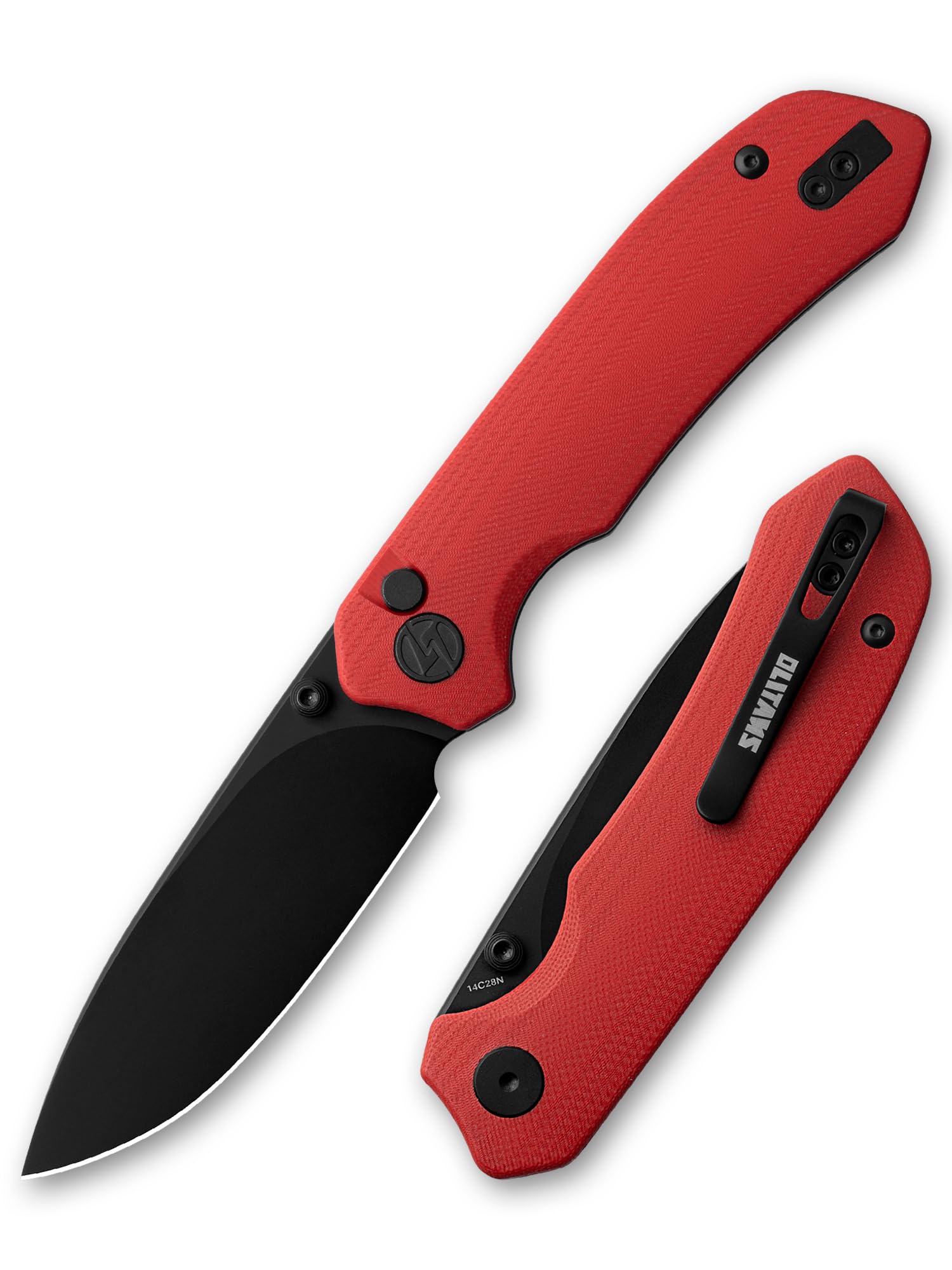 OLITANS G032 Button Lock Pocket Knife, 3.3" 14C28N Blade, folding Knife with Thumb Stud Opener for EDC 4.5oz (G10 Red+Black Blade)