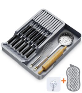 rishten kitchen knife drawer organizer grey, in drawer knife block holder with expandable cutlery tray compact organization drawer storage holds up to 11 knives (including hooks&sponges)