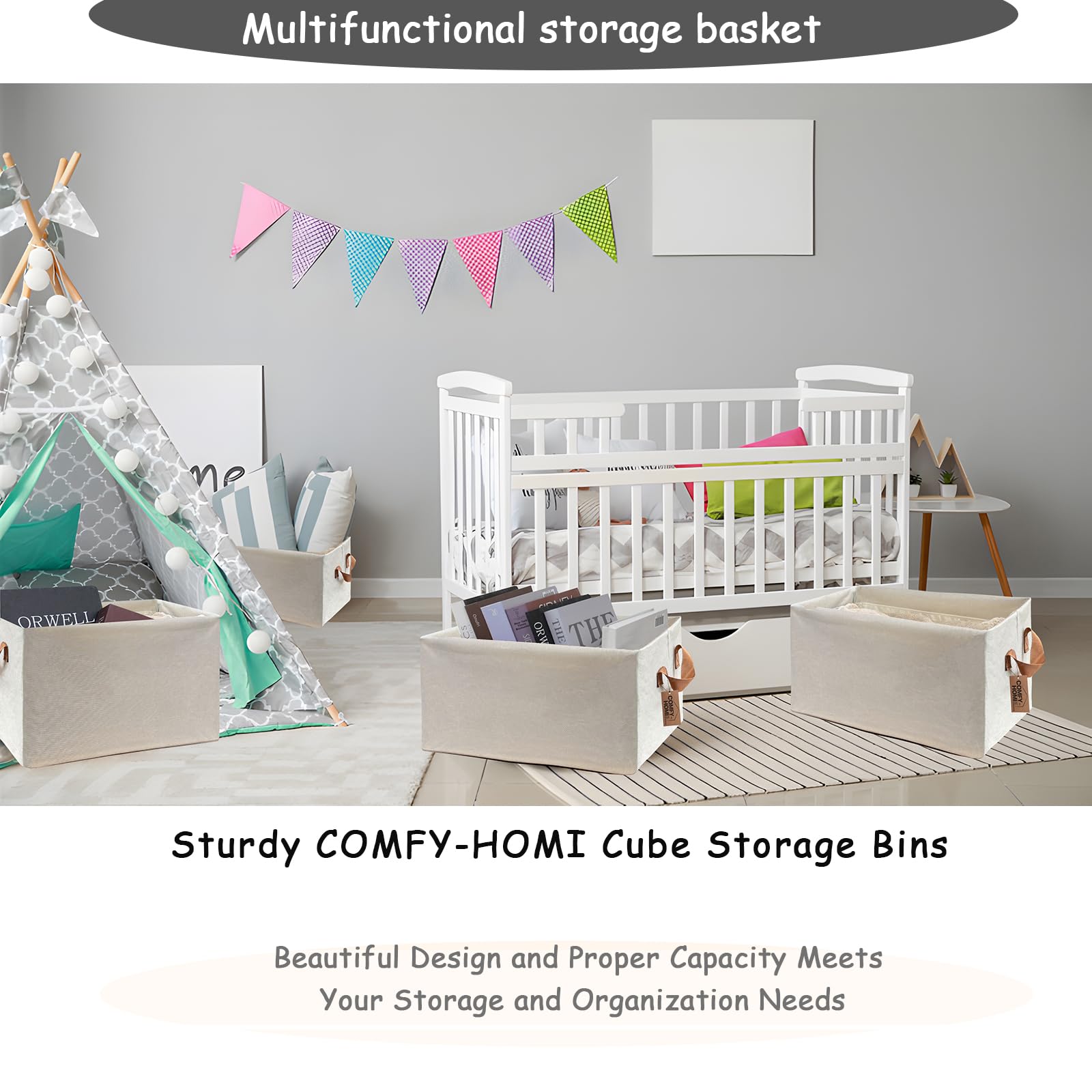 COMFY-HOMI 4Pack Fabric Storage Bin Baskets with Handles, Toy Closet Organization with Metal Frame, Collapsible Toy Baskets for Organizing, Shelf Basket for Books, Clothes, Towels-16.5X11X7.9- Khaki