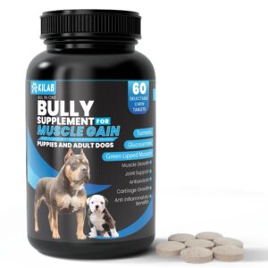 kilab dog weight gainer – 60-count muscle builder dog supplement – muscle growth supplement for dogs, puppies and adults – bully growth formula with turmeric, glucosamine, green lipped mussels