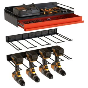 drill organizer wall mount, garage organization with 8 drill holder storage, power tool organizer with drawer for workshop, tool room, utility storage rack for cordless drill - mk880a