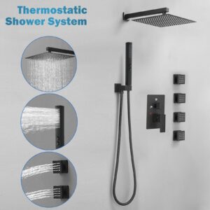 RUMOSE Rainfall Shower System with 4 Full Body Jet 4 Mode Shower Faucet Set with 12 Inch Rain Shower Head and 2 in 1 Handheld Spray, Matte Black Brass Shower Jet Shower Fixtures, Wall Mounted