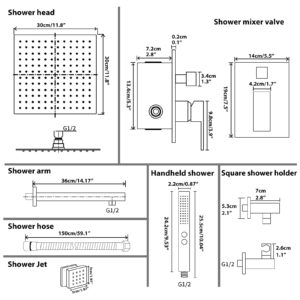 RUMOSE Rainfall Shower System with 4 Full Body Jet 4 Mode Shower Faucet Set with 12 Inch Rain Shower Head and 2 in 1 Handheld Spray, Matte Black Brass Shower Jet Shower Fixtures, Wall Mounted