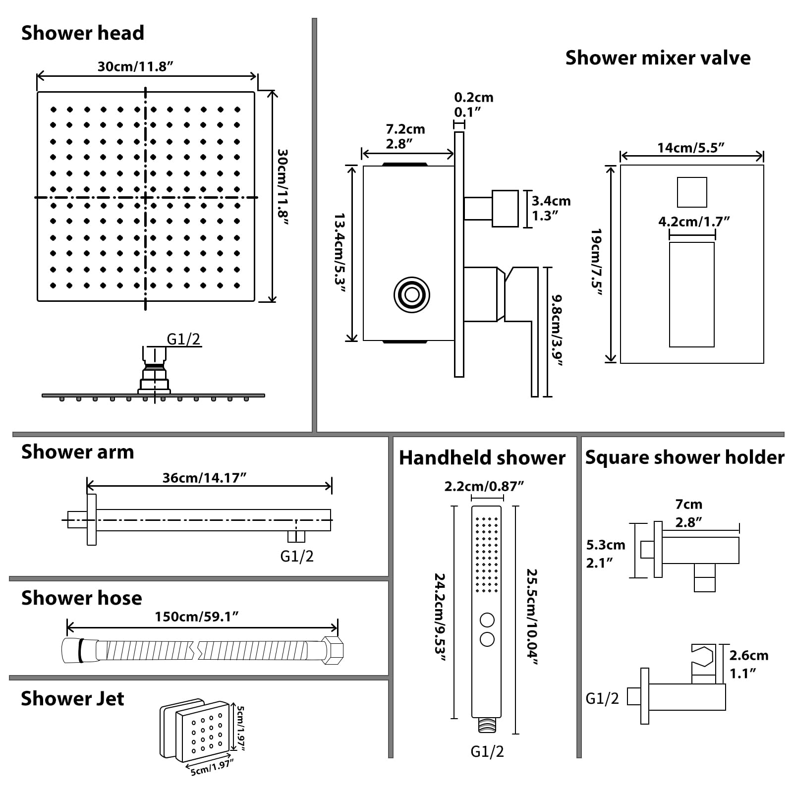 RUMOSE Rainfall Shower System with 4 Full Body Jet 4 Mode Shower Faucet Set with 12 Inch Rain Shower Head and 2 in 1 Handheld Spray, Matte Black Brass Shower Jet Shower Fixtures, Wall Mounted