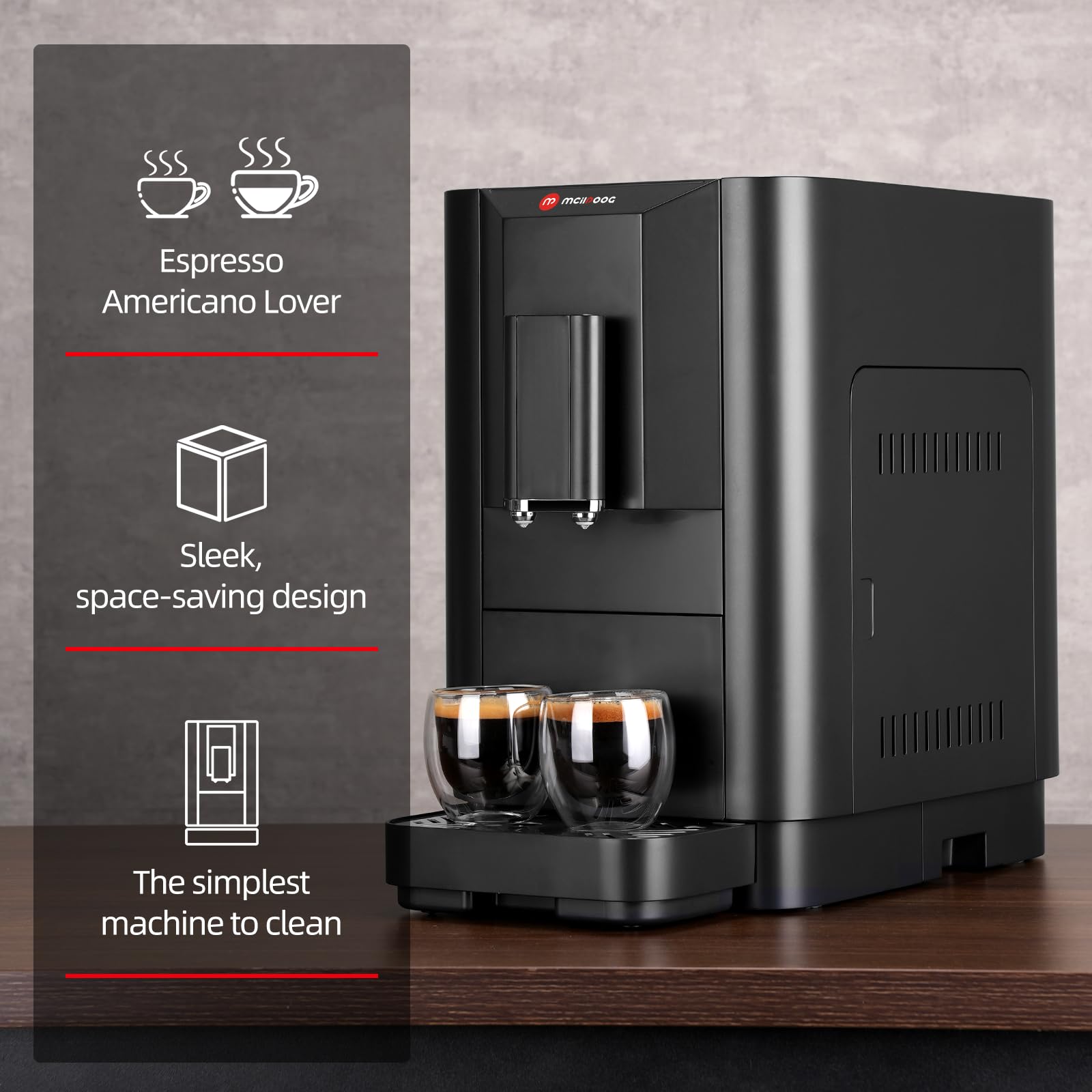 Milpoog ES320 Fully Automatic Espresso Machine,Compact Automatic Espresso Machine with Grinder, Touch Screen, 4 Coffee Varieties for Home and Office,Black