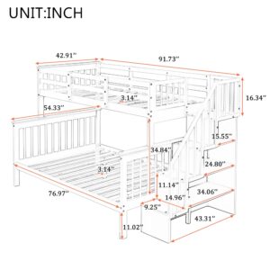 LostCat Twin Over Full Bunk Bed, Solid Pinewood Bunk Bed with Storage Staircase and Safety Guardrails for Kids/Teens/Adults,Can Be Separated Into Twin/Full Size Bed, White