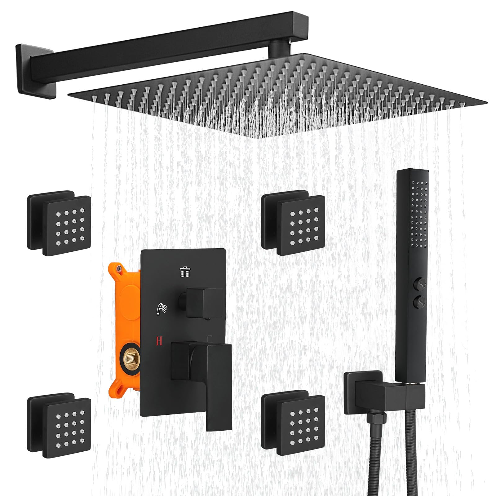 RUMOSE Rainfall Shower System with 4 Full Body Jet 4 Mode Shower Faucet Set with 12 Inch Rain Shower Head and 2 in 1 Handheld Spray, Matte Black Brass Shower Jet Shower Fixtures, Wall Mounted