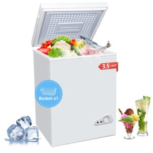 kazigak compact chest freezer, 3.5 cu.ft. deep freezer with basket, 6 level adjustable temperature, top door mini freezer white