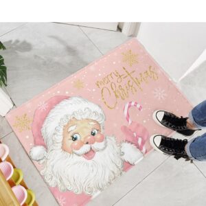 Christmas Pink Santa Claus Floor Door Mats Shag Carpet,Xmas Gold Foil Snowflake Non Slip Super Soft Bath Rugs,Winter Snow Shaggy Fuzzy Area Rug for Kitchen/Bathroom/Bedroom/Living Room Decor 16x24in