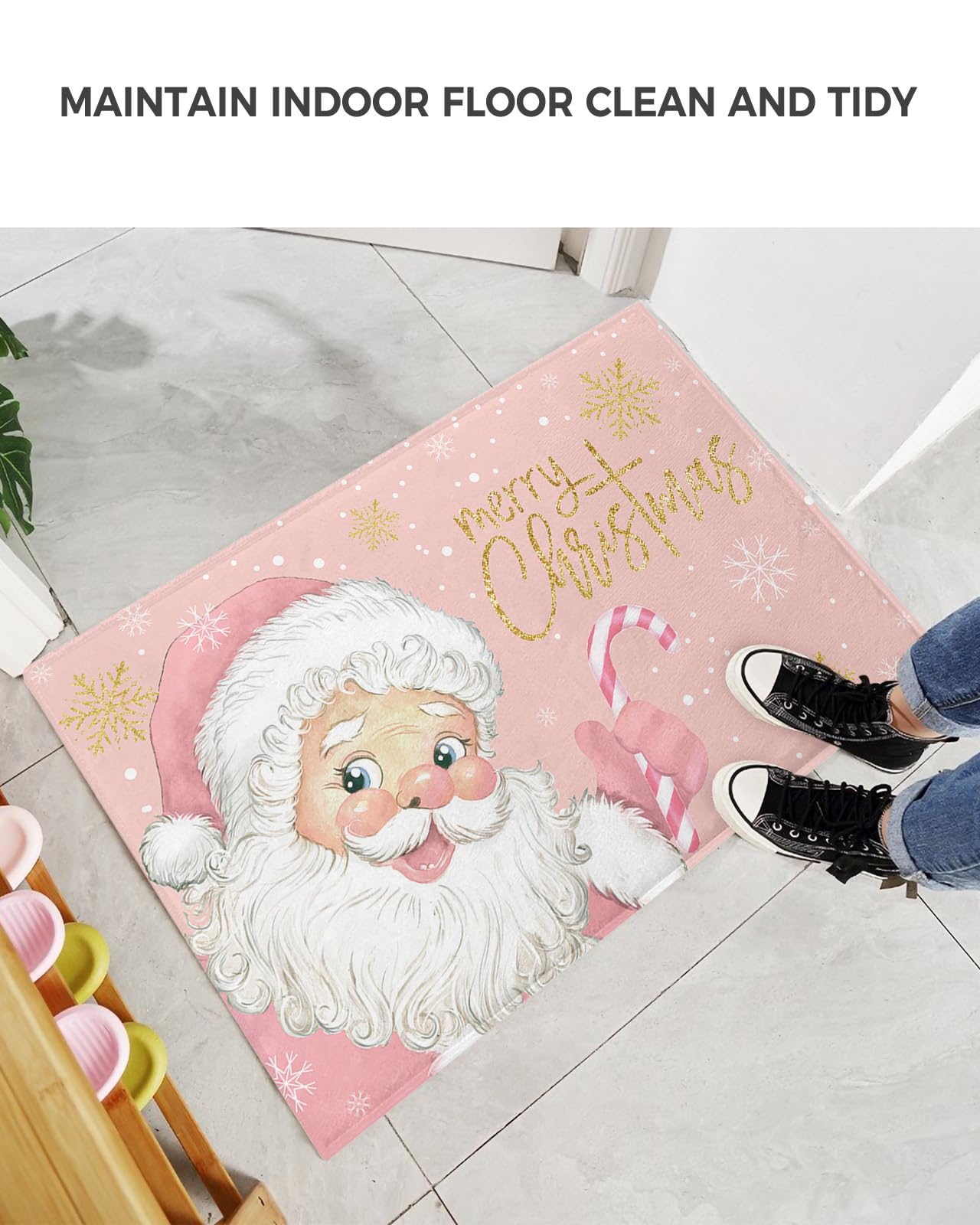 Christmas Pink Santa Claus Floor Door Mats Shag Carpet,Xmas Gold Foil Snowflake Non Slip Super Soft Bath Rugs,Winter Snow Shaggy Fuzzy Area Rug for Kitchen/Bathroom/Bedroom/Living Room Decor 16x24in