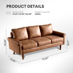 CAODOC Sofa Couches, 73” Mid-Century Modern Couch, Breathable Faux Leather Couch, 3-Seat Sofas & Couches, for Living Room Apartment Office,Brown