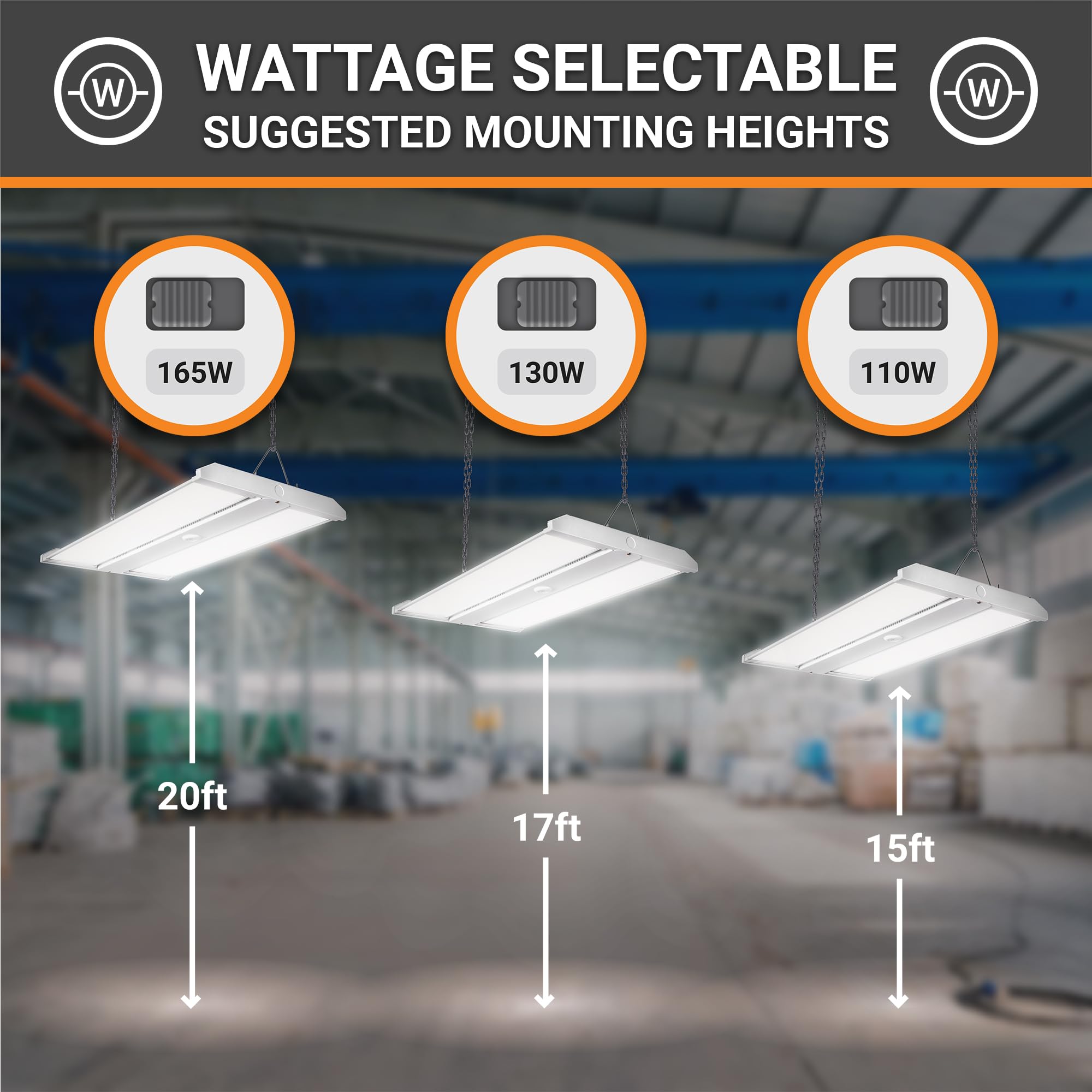 165W/130W/110W LED Linear High Bay Fixture, 2ft LED Shop Light, 4000K/5000K CCT, 400W MH Equal Warehouse Light for Indoor Commercial Warehouse and Shop Lighting, 100-277VAC, Tiltable Panels, White